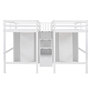 BIADNBZ Wooden Double Twin Size Loft Bed with Two Wardrobes and Staircase for Kids/Teens/Bedroom,White