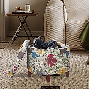 Adeco 17" Height Round Storage Ottoman, Modern Linen Fabric Cushion Footstool with Removable Lid and Wooden Legs for Bedroom Living Room, Floral Printed
