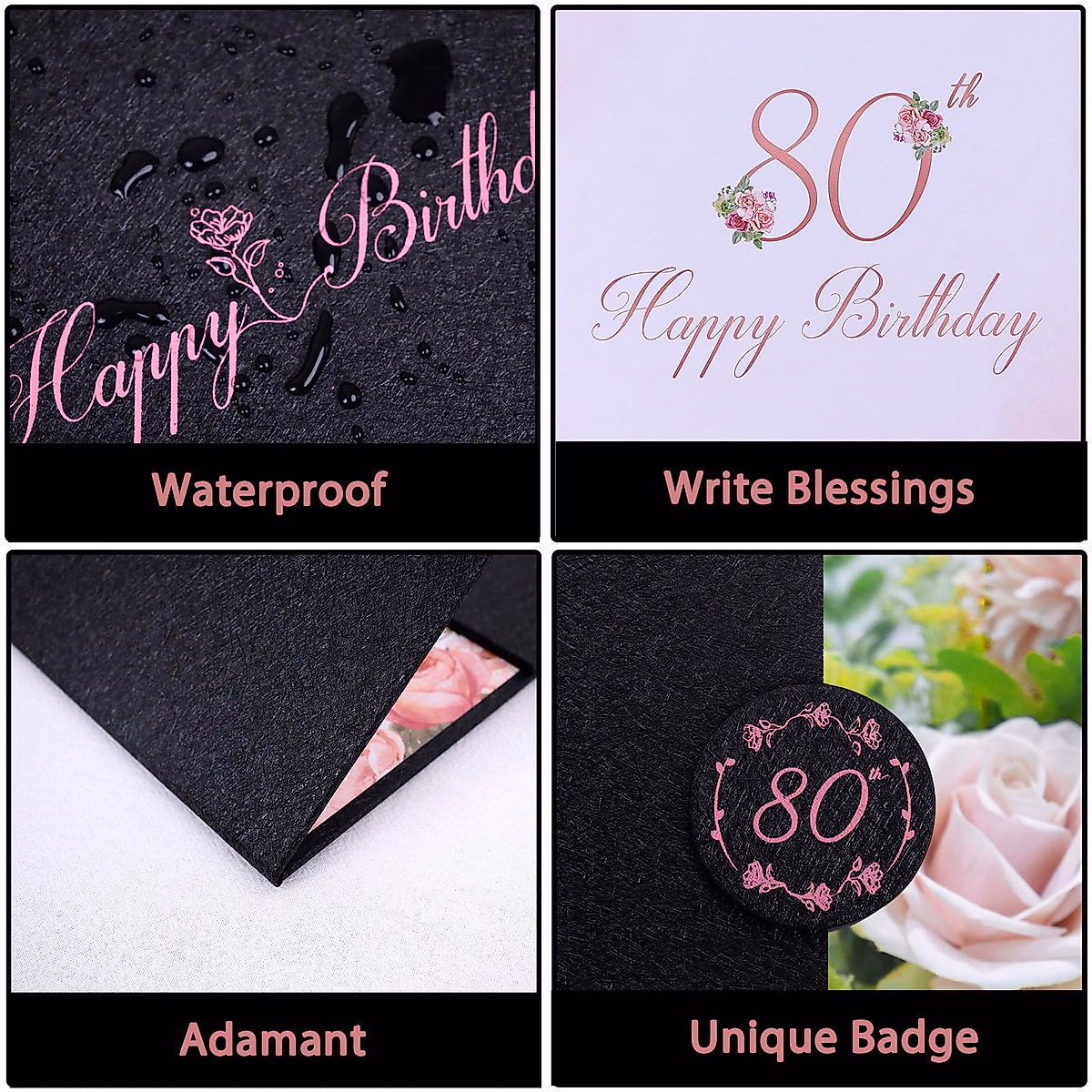 Vlipoeasn 80th Birthday Guest Book Alternative, Black and Pink 80th Birthday Party Decorations for Women, Creative Diamond 80th Birthday Signature Book, Cheers to 80 Year Old Birthday Party Supplies