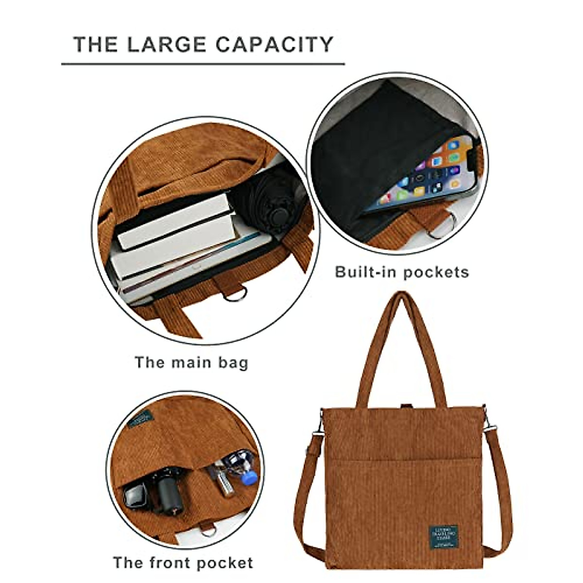 WULIQIUQIU Corduroy Crossbody Bag for Women Convertible Backpack Over The Shoulder Tote Purse Student Fashion Handbag Brown