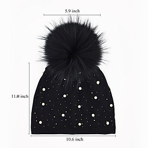 AICHUAN Womens Slouchy Beanie Hat with Real Raccoon Fur Ball Pompom Cotton Pearls Winter Fall Hat