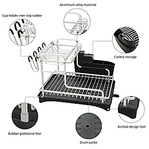 IKAYAA 2-Tier Dish Drying Rack, Dish Rack and Drainboard Set with Swivel Spout, with Cup Holder, Premium Aluminum, for Small Kitchen Countertop, Black Tray + Silver Frame