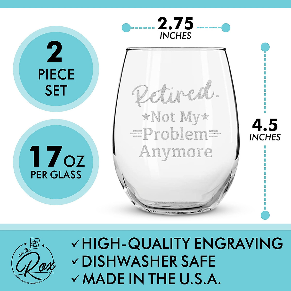 Retirement Gifts for Women - 17 Oz Retirement Stemless Wine Glass Set of 2 - Funny Retired Wine Glass Gifts - Christmas Gifts For Government Retirees - Cool Retirement Gifts for Retired Mom