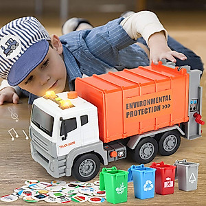 12" Garbage Truck Toys Trash Truck Dump Truck with 4 Garbage Cans, Friction Powered Truck with Sound and Light,Push and Go Pull Back Car for Boys