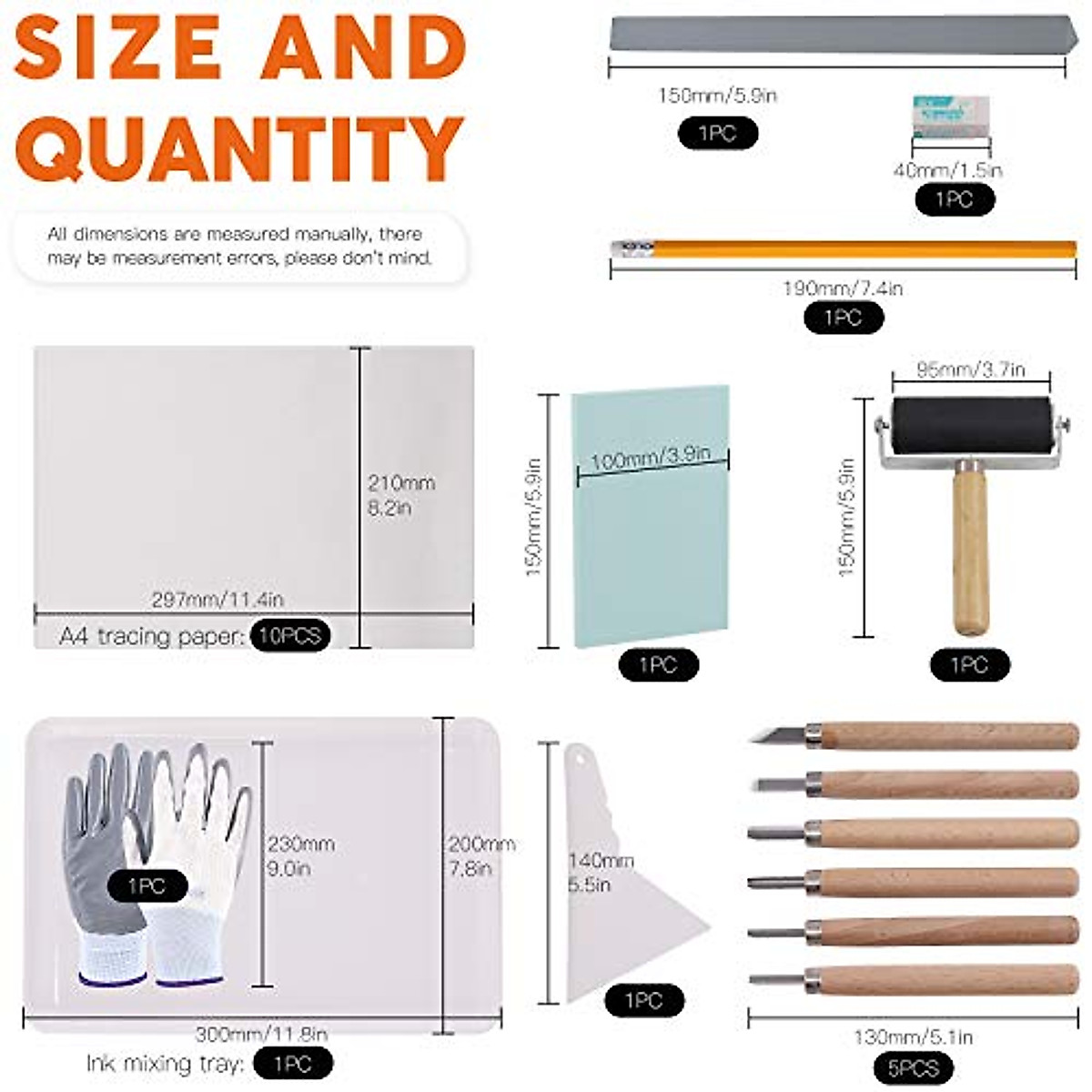 Rustark 24 Pieces Block Printing Starter Tool Kit with Whetstone, Stamp Block, Carving Tools, Tracing Papers,Pencil, Gloves,Eraser and Scrapper, Rubber Stamp Making Kit for Stamping and Printmaking