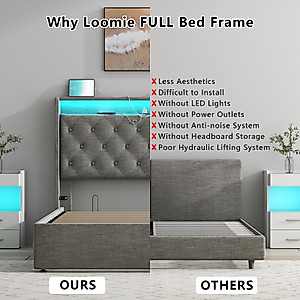Loomie Full Lift Up Bed Frame with Charging Station & LED Lights, Upholstered Bed with Button Tufted Wingback Storage Headboard, Hydraulic Storage, No Box Spring Needed, Wood Slats Support,Light Grey