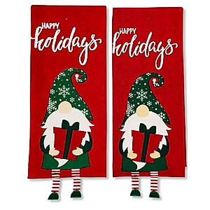 Winter Christmas Gnome Kitchen Towels Set: Embroidered Fun Love You Note and Cute Gnome with Feet Danglers