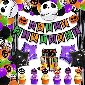 Halloween Birthday Party Decorations Banner 78PCS with Hppy Birthday Banner Balloons Cake Tooper Foil Curtains Halloween Themed Birthday Decorations for Kids First Birthday Decorations Party Supplies