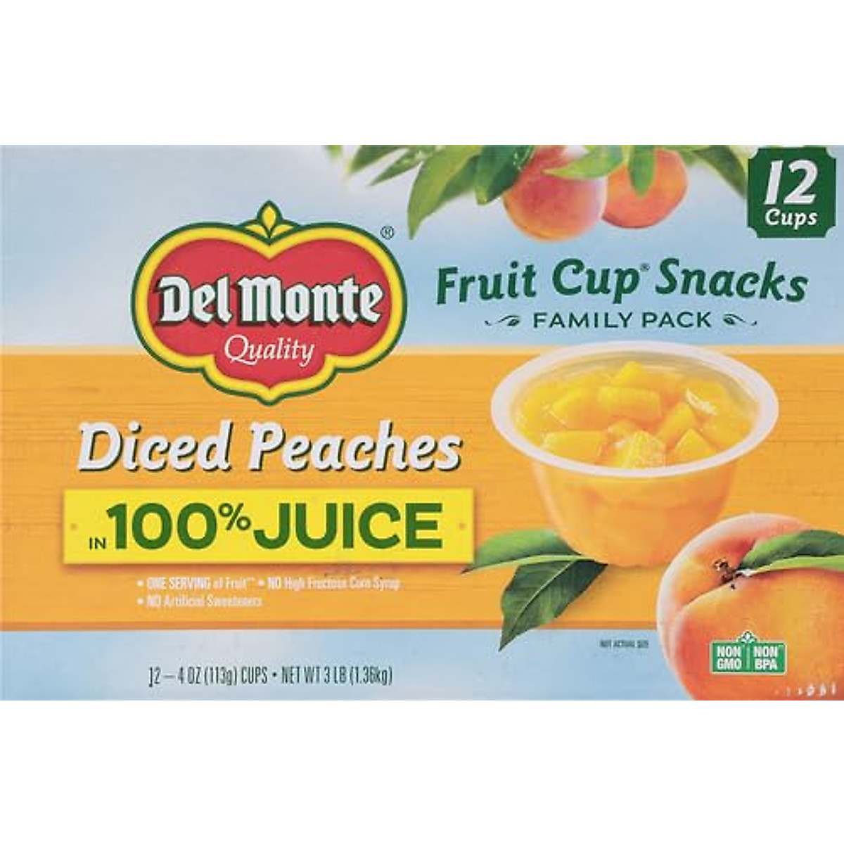 DEL MONTE Diced Peaches FRUIT CUP Snacks in 100% Fruit Juice, 12 Pack, 4 oz