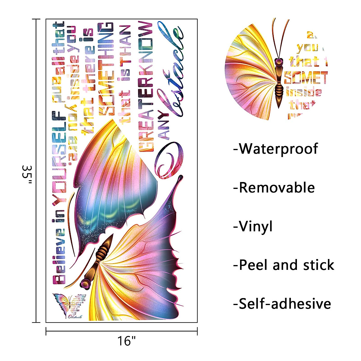 Mfault Inspirational Butterfly Believe in Yourself Quote Wall Decals Stickers, Large Motivational Saying Decoration Teens Girls Bedroom Living Room Art, Positive Phrase Women Home Kitchen Decor