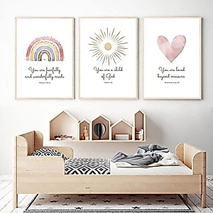 Boho Nursery Wall Art 3 Pieces Bible Verse Nursery Art Christian Girls Nursery Wall Art Heart Rainbow Sun Nursery Art Print Boho Sunshine Nursery Decor for Girl Baby Kid Room Decor 12x16 Inch Unframed