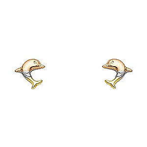 14k REAL Tri Color Gold Dolphin Stud Earrings with Screw Back