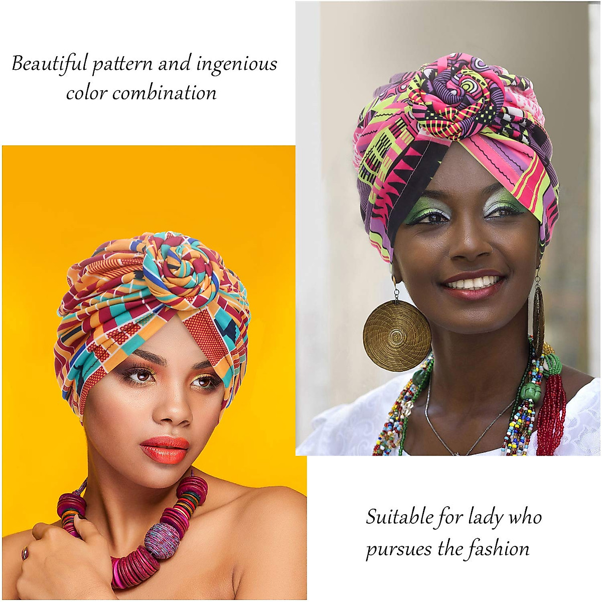 SATINIOR 6 Pieces Women African Turban Flower Knot Pre-Tied Bonnet Beanie Cap Headwrap