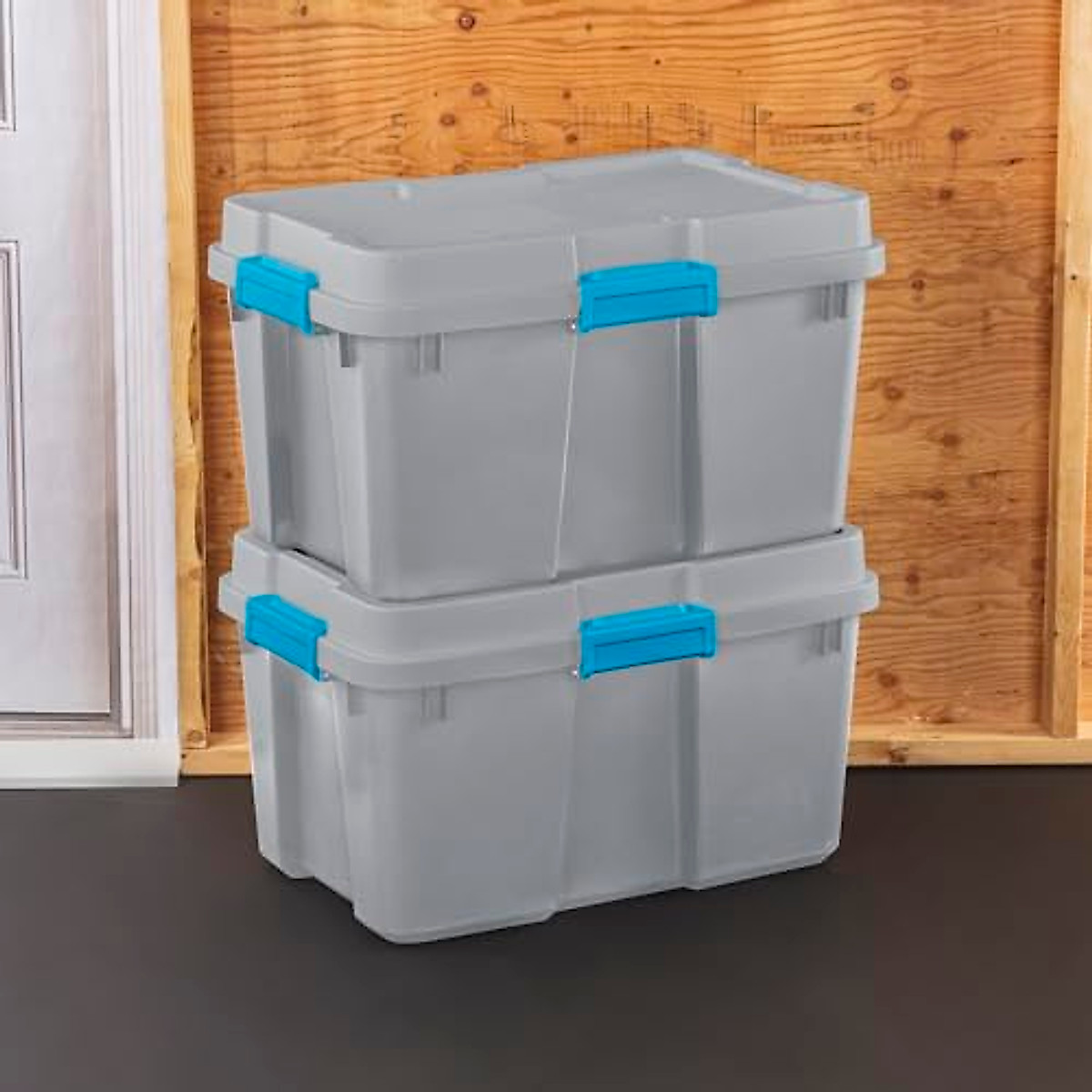 Sterilite 30 Gal Gasket Tote, Heavy Duty Stackable Storage Bin with Latching Lid, Plastic Container to Organize Basement, Gray Base and Lid, 3-Pack
