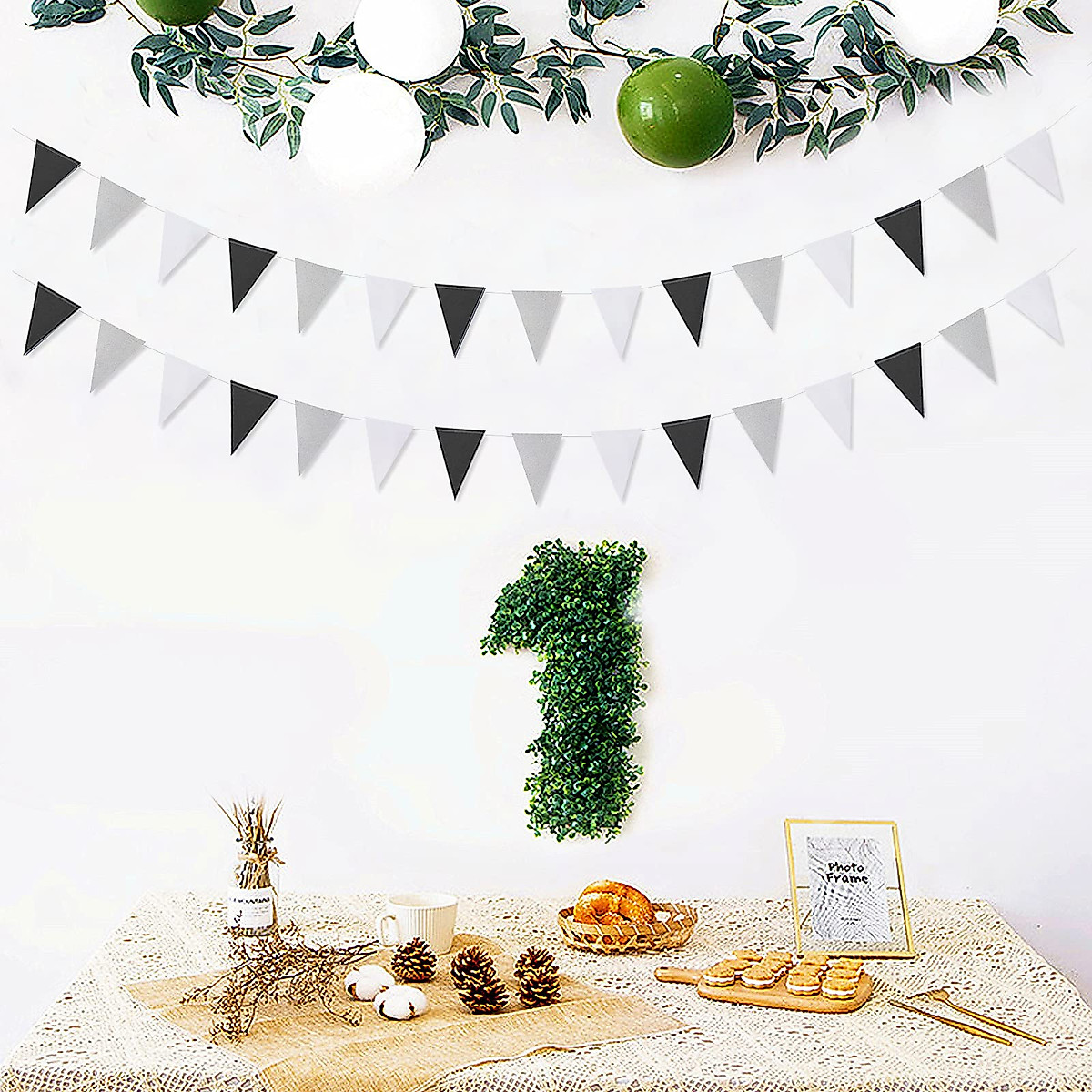 Black White Silver Pennant Banner,2 Pack Glitter Sprinkles Paper Triangle Flags, Birthday Graduation 2023 Fathers Day Wedding Baby Shower Party Decorations Bunting Lasting Surprise