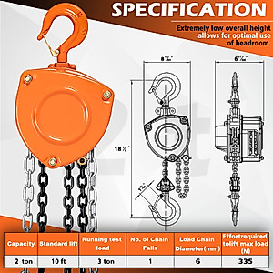 YATOINTO Chain Hoist 2 Ton(4400Lbs) Capacity 10FT Manual Hand Lift Steel Chain Block Hoist with 2 Heavy Duty Hooks Industrial Grade Steel Structures for Garages Automotive Machinery (2 Ton (4400lb))