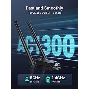 UGREEN USB WiFi Adapter for Desktop PC Laptop AC1300 5dBi High Gain Dual Antennas 164ft Wide Range 5G 2.4G Dual Band USB 3.0 WiFi Dongle Wireless Network Adapter Support Windows 11/10/8.1/8/7