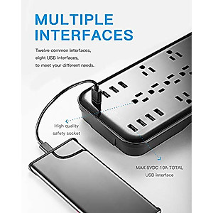 KMC 12-Outlet Surge Protector Power Strip with 8 USB Charging Ports (5V/10A), 4500J,6-Foot Cord