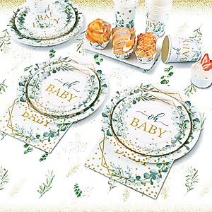 Gudvilla Sage Green Baby Shower Plates and Cups and Napkins Sets, with Sage Green Tablecloth, Baby Shower Decorations Neutral, Oh Baby Plates for Boho Baby Shower Decorations Sage Green, Serves 25