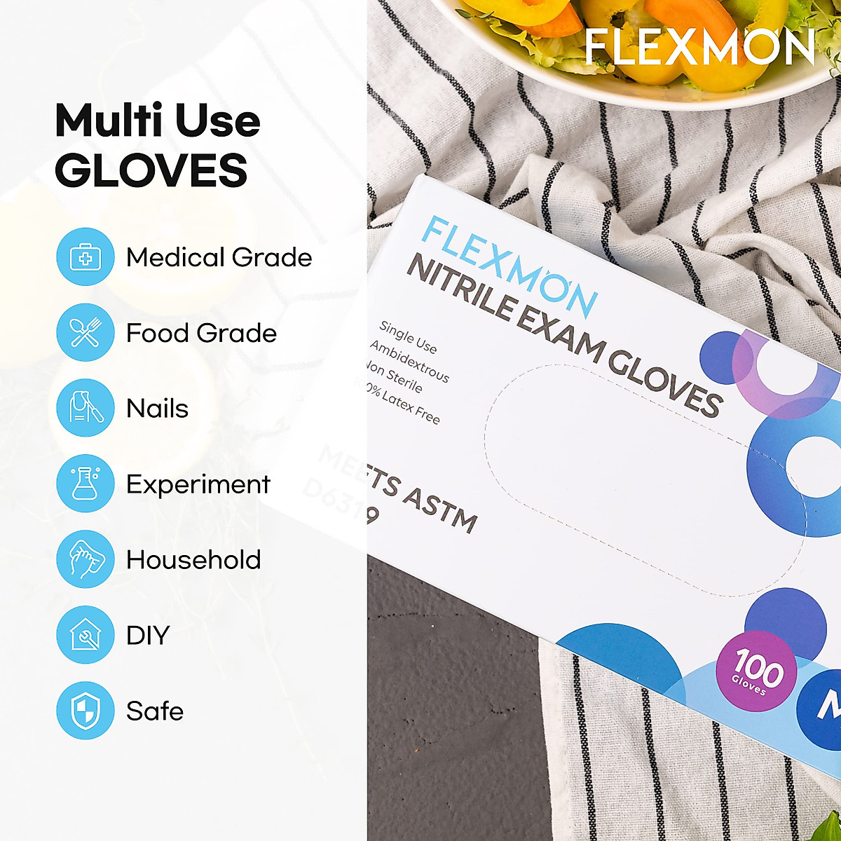 FLEXMON Nitrile Exam Gloves,100 Count, Single Use, 4.2 Mil Heavy, Sterile, Protective, Medical Exam Gloves, Disposable, Food, Latex Free, Cooking, Blue, Safe, Cleaning & More (X-Small)