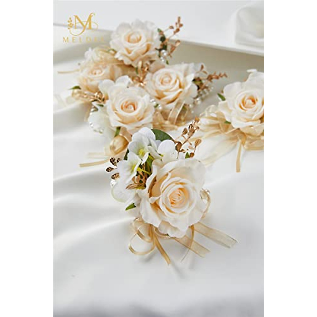 Meldel Champagne Prom Flower Wrist Corsage for Wedding, Set of 6, Rose Wrist Flower for Mother of Bride and Groom , Bride Bridesmaid Girl Women Party, Homecoming Ceremony Anniversary