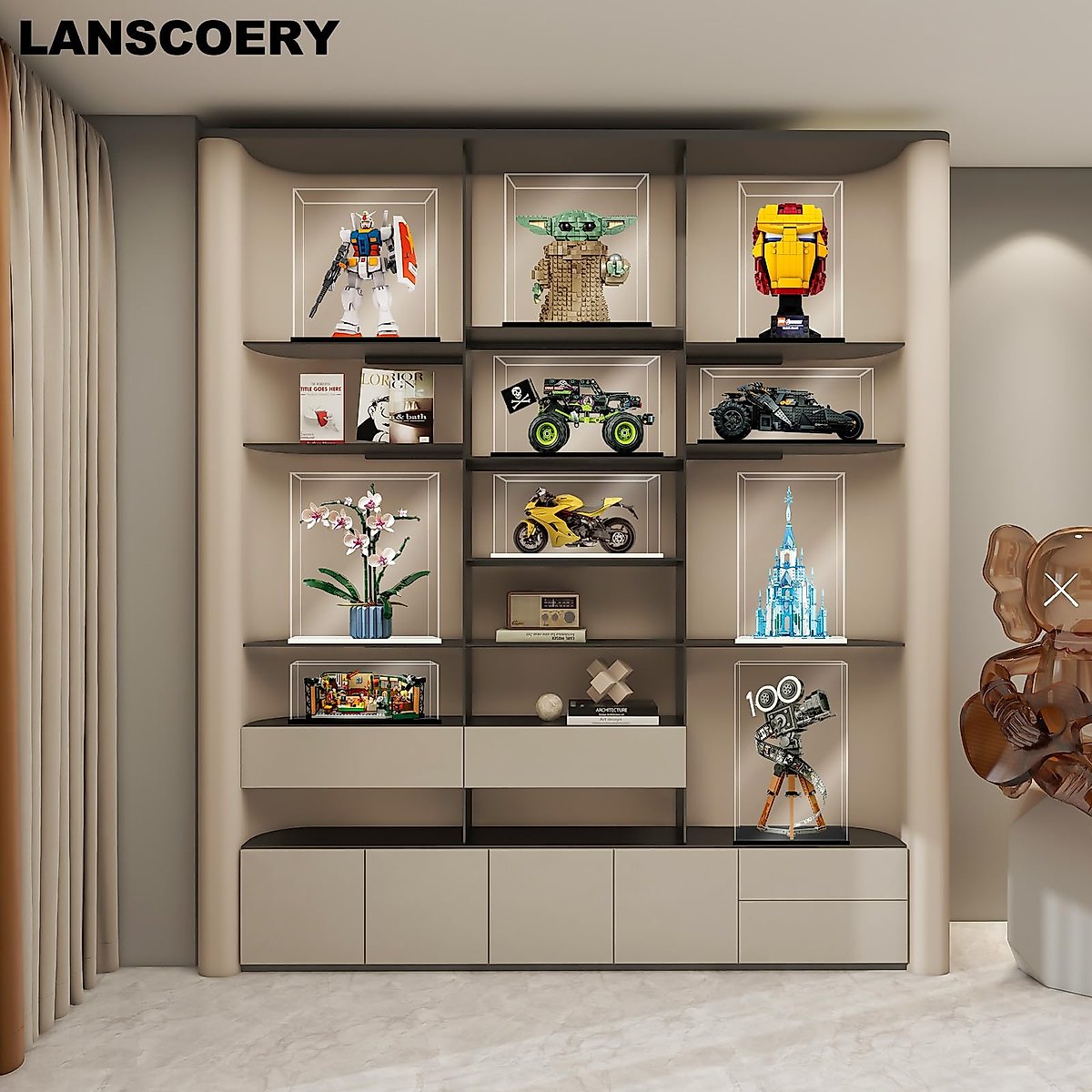 LANSCOERY Acrylic Display Case, Assemble Showcase Display Box for Collectibles, with Dustproof & Seamless Display Design, 6x6x6inch White Base