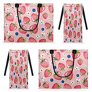 Pink Strawberry Reusable Grocery Shopping Bag with Hard Bottom, Strawberry Pattern Large Foldable Multipurpose Heavy Duty Tote with Zipper Pockets, Stands Upright, Durable and Eco Friendly, Beach Bag