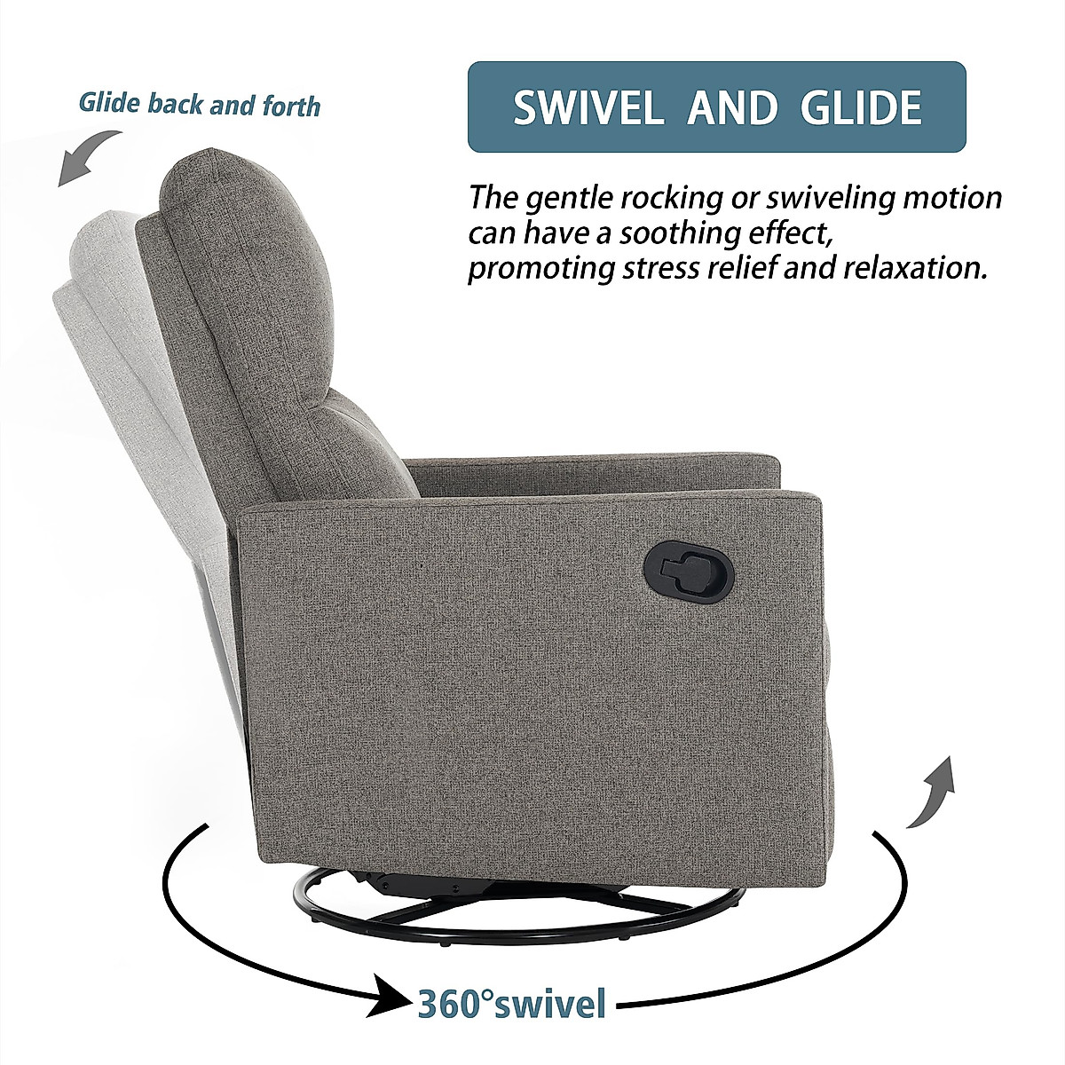 Ketaiyou Swivel Rocking Recliner Chair for Adults, Rocker Nursery Glider Chair for Living Room Bedroom, Upholstered Fabric Reclining Single Sofa Chair(Grey)