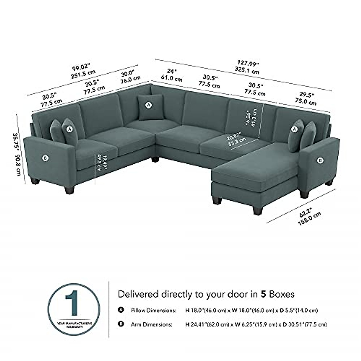 Bush Furniture Stockton U Shaped Sectional Couch with Reversible Chaise Lounge, 128W, Turkish Blue Herringbone