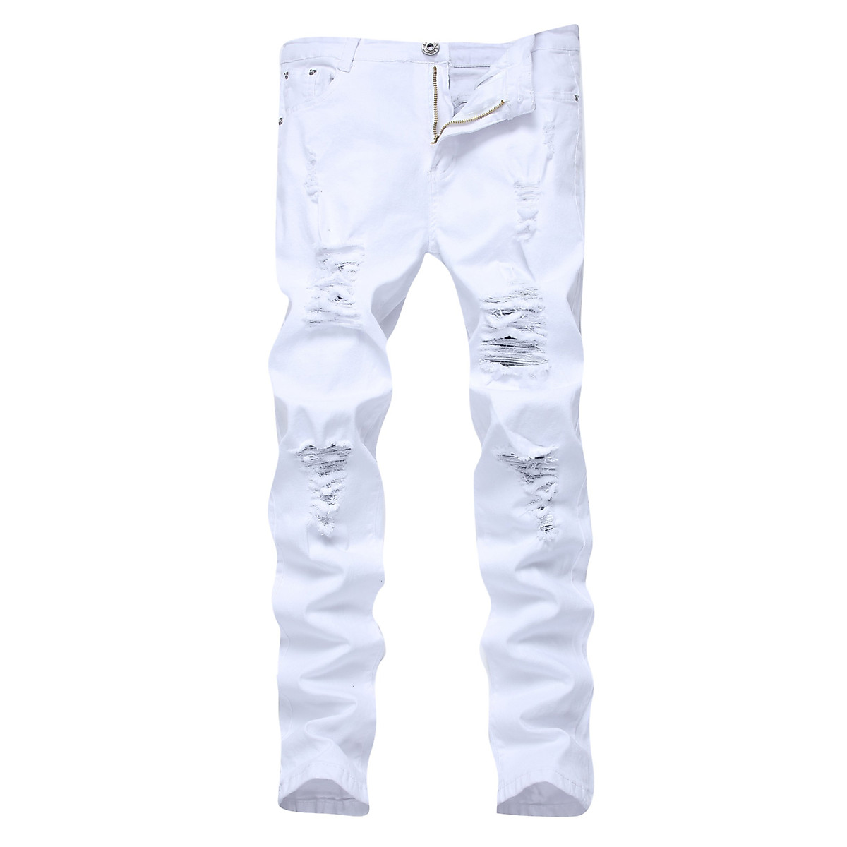 Men's White Skinny Slim Fit Ripped Distressed Destroyed Stretch Jeans Pants,White,34W