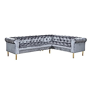 Iconic Home Giovanni Right Facing Sectional Sofa L Shape Velvet Upholstered Button Tufted Roll Arm Design Solid Gold Tone Metal Legs Modern Transitional Navy Grey