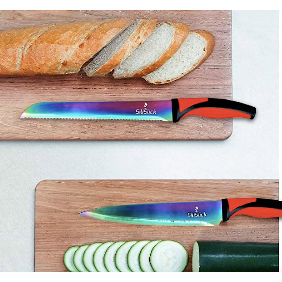 SiliSlick Kitchen Knife Set Professional, Titanium Coated Stainless Steel Blades, Dishwasher Safe, Safety Sheaths, 5 Knives