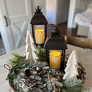 LampLust Decorative Candle Lanterns with LED Candle -12 Inch Tall Battery Powered Dark Brown Lantern with 6-Hour Timer, Rustic Bronze Finish, Flickering LED Light, Autumn & Fall Decor