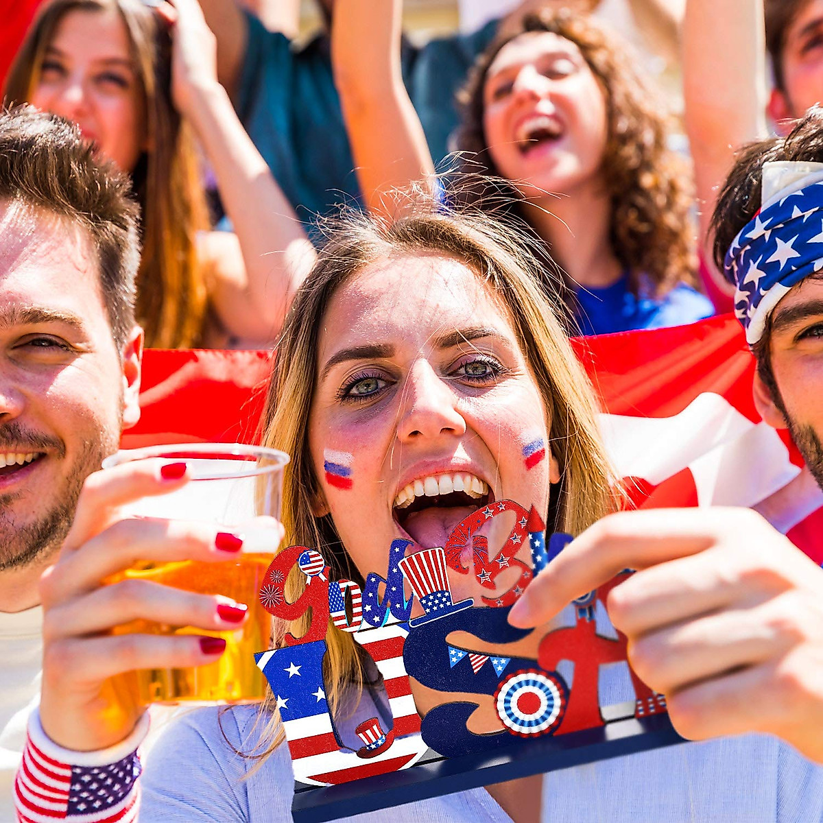 Frienda 3 Pcs 4th of July Table Decoration Patriotic Centerpiece Fourth of July Wooden Sign Independence Day Table Sign American Flag for Freedom Faith Table Decoration for Memorial Day Home Decor