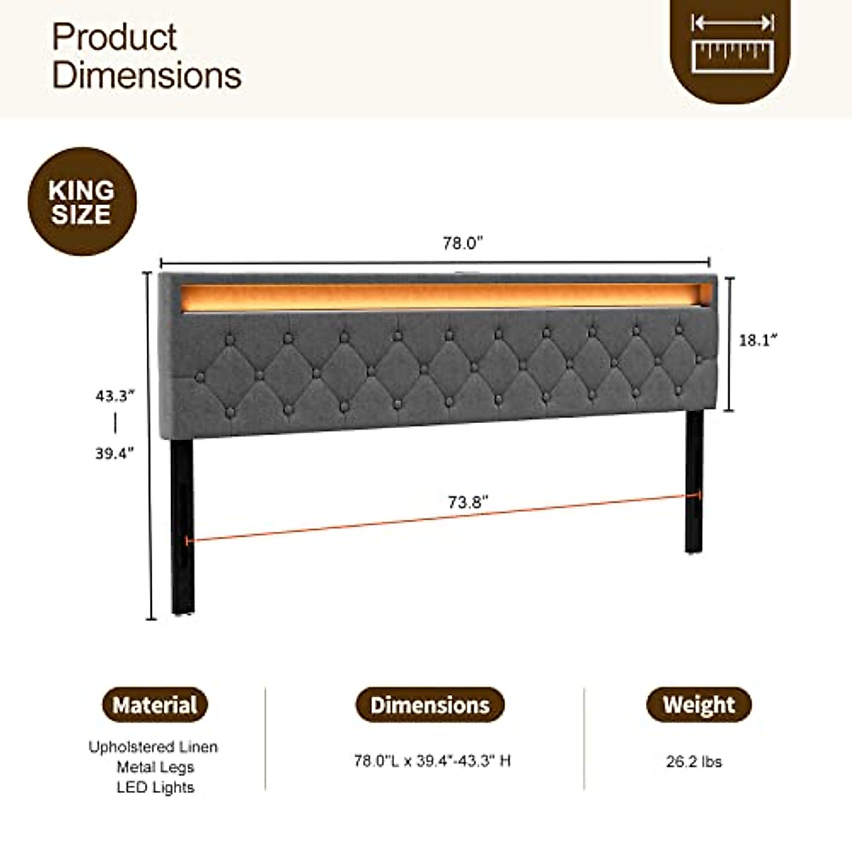 IKIFLY Upholstered King Size Headboard with 2 USB Ports & LED Lights - Adjustable Height - Button Tufted Padded Linen Fabric Headboard, Easy Assembly, King Headboard Only for Bedroom - Dark Grey