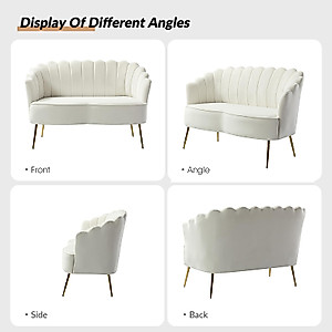 HULALA HOME Modern Velvet Loveseat Sofa with Flower Shaped Back, Comfy Upholstered 2-Seater Sofa with Gold Metal Legs, Small Love Seat Accent Couch for Living Bedroom Leisure Areas, Ivory