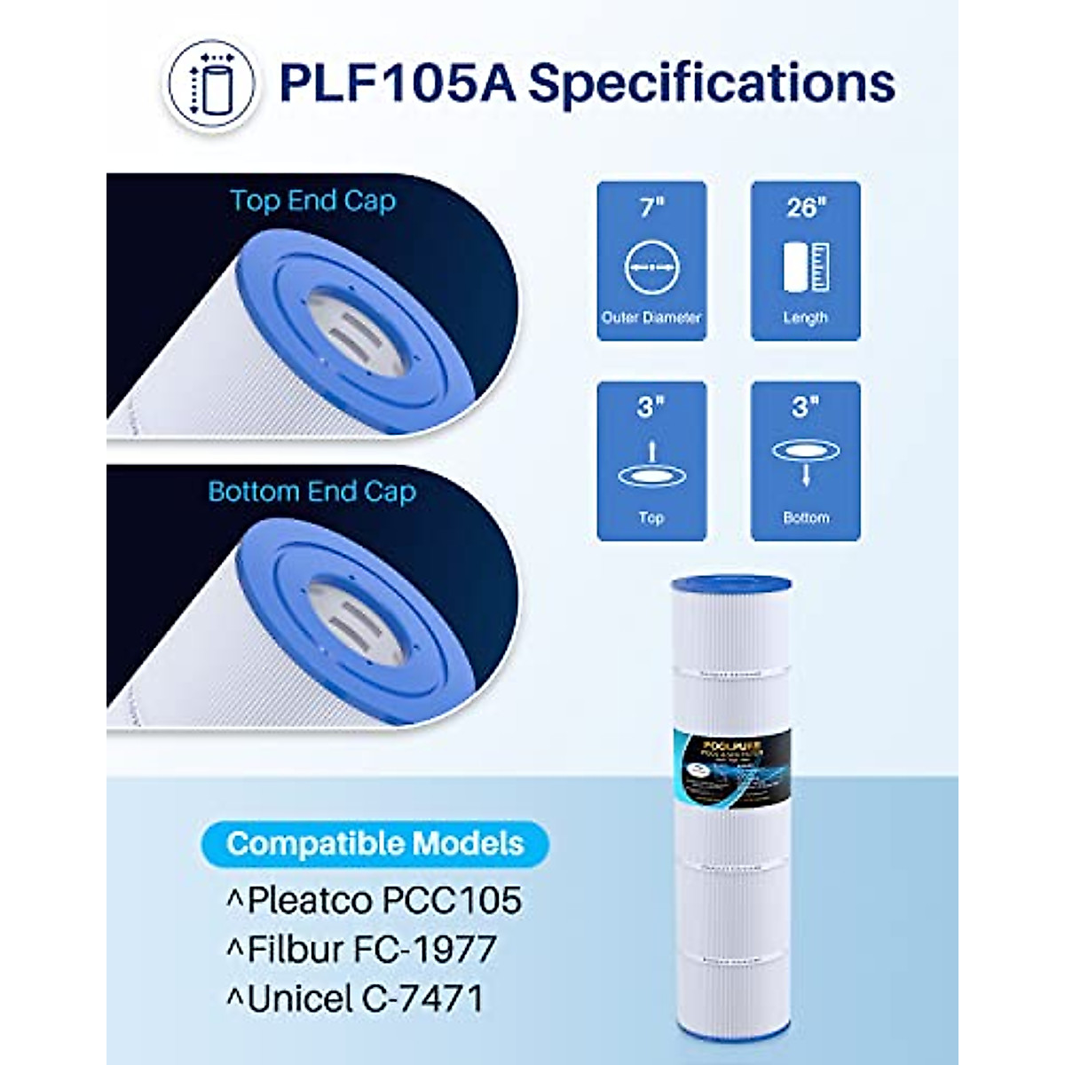 POOLPURE PCC105-PAK4 Replaces Pentair CCP420, 178584, Unicel C-7471, 817-0106, R173576, Filbur FC-1977, 570-0425-07, Pentair Clean and Clear Plus 420, L x OD: 26"x7", 4X105 sq.ft. Cartridge