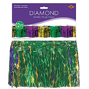 Beistle Mardi Gras Metallic Plastic Fringe Drape for Sidewalk Awnings Street Festivals Parade Float Decorations Party Supplies, 12" x 12", Gold/Green/Purple