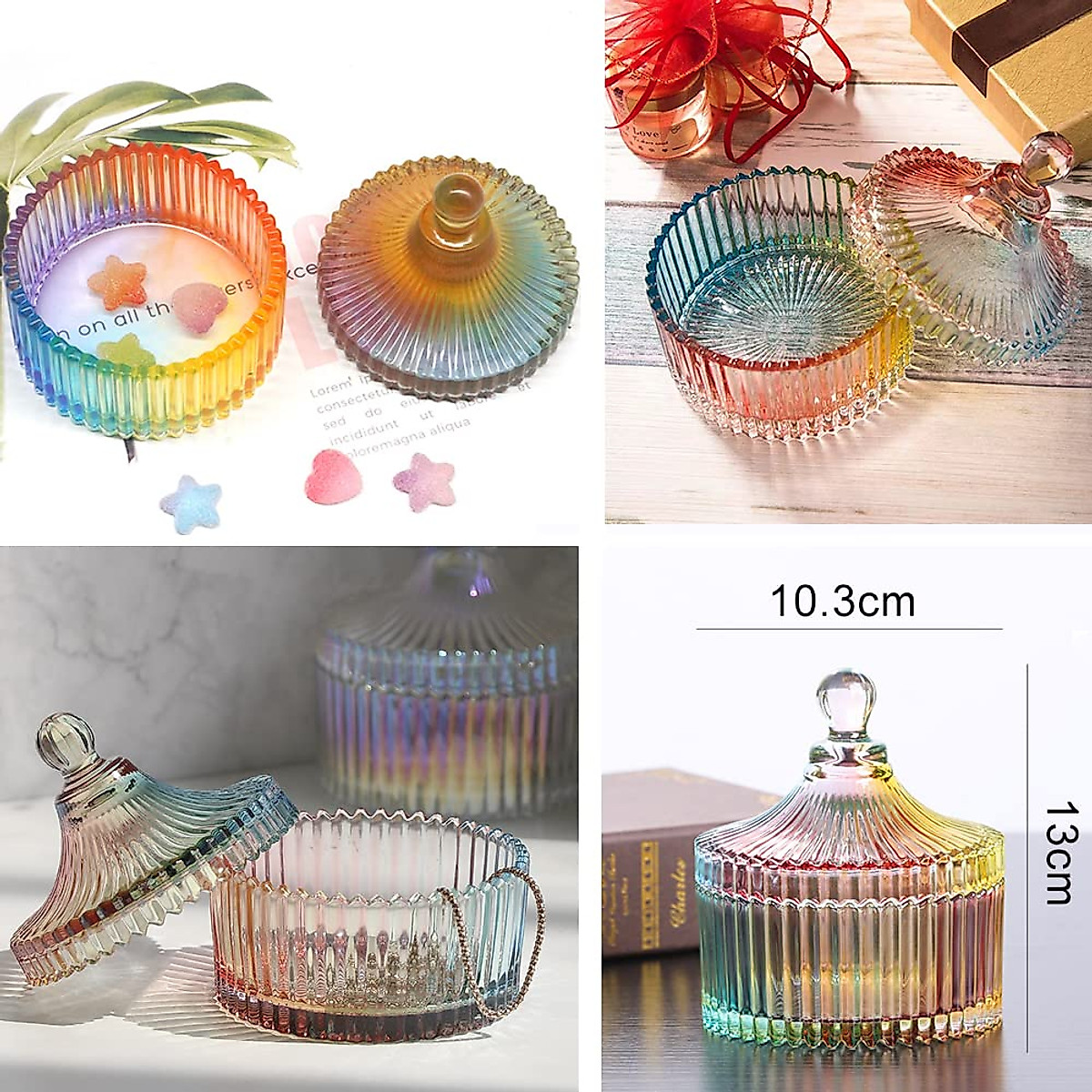 300ml/10oz Colorful Glass Candy Dish with Lid Tent Shaped Crystal Candy Jar Apothecary Jar Wedding Candy Buffet Jar Food Jar Biscuit Containers Decorative Jewelry Box