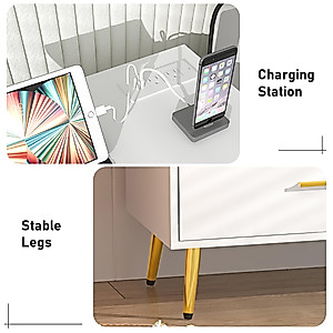 SOSPIRO 7 Drawer Dresser for Bedroom, Modern White Gold Dresser with Wide Drawers and Power Outlets, Long Chest of Drawers for Living Room Hallway Entryway, White