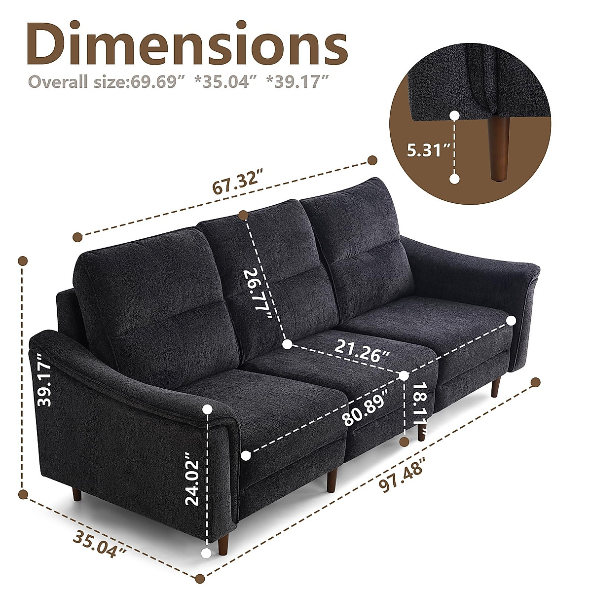 ABAKAN Modern 3-Seat Modular Sectional Sofa Couch，Chenille Sofa Comfy Upholstered Furniture for Small Spaces, Living Room, Apartment, Studio, Office, Grey