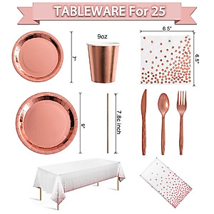 Guudmua 285 Pcs Rose Gold Party Decorations, Birthday Decorations For Women Or Girl - Knives, Forks and Spoons, Tiara, Butterfly, Sash, Paper Pom Poms, Balloon Stand, Tableware For 25 Guests