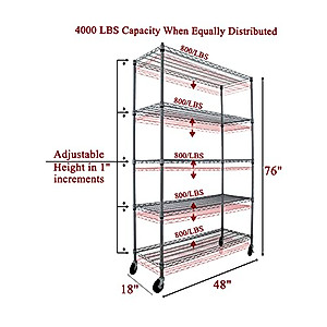 Crescent 4000 LBS 48L 18W 76H Epoxy Coated Gray, 5 Tier Racks for Storage, Heavy Duty Wire Shelving Rack with 4" Casters