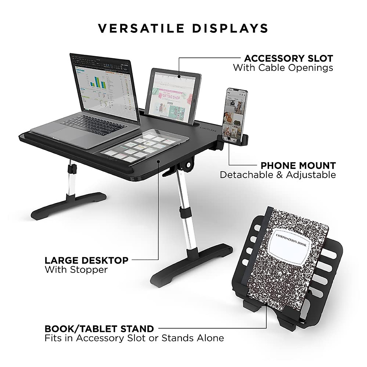 Limitless TotalDesk Portable Modern Workstation and Lap Desk with Adjustable Height & Tilt (Black)
