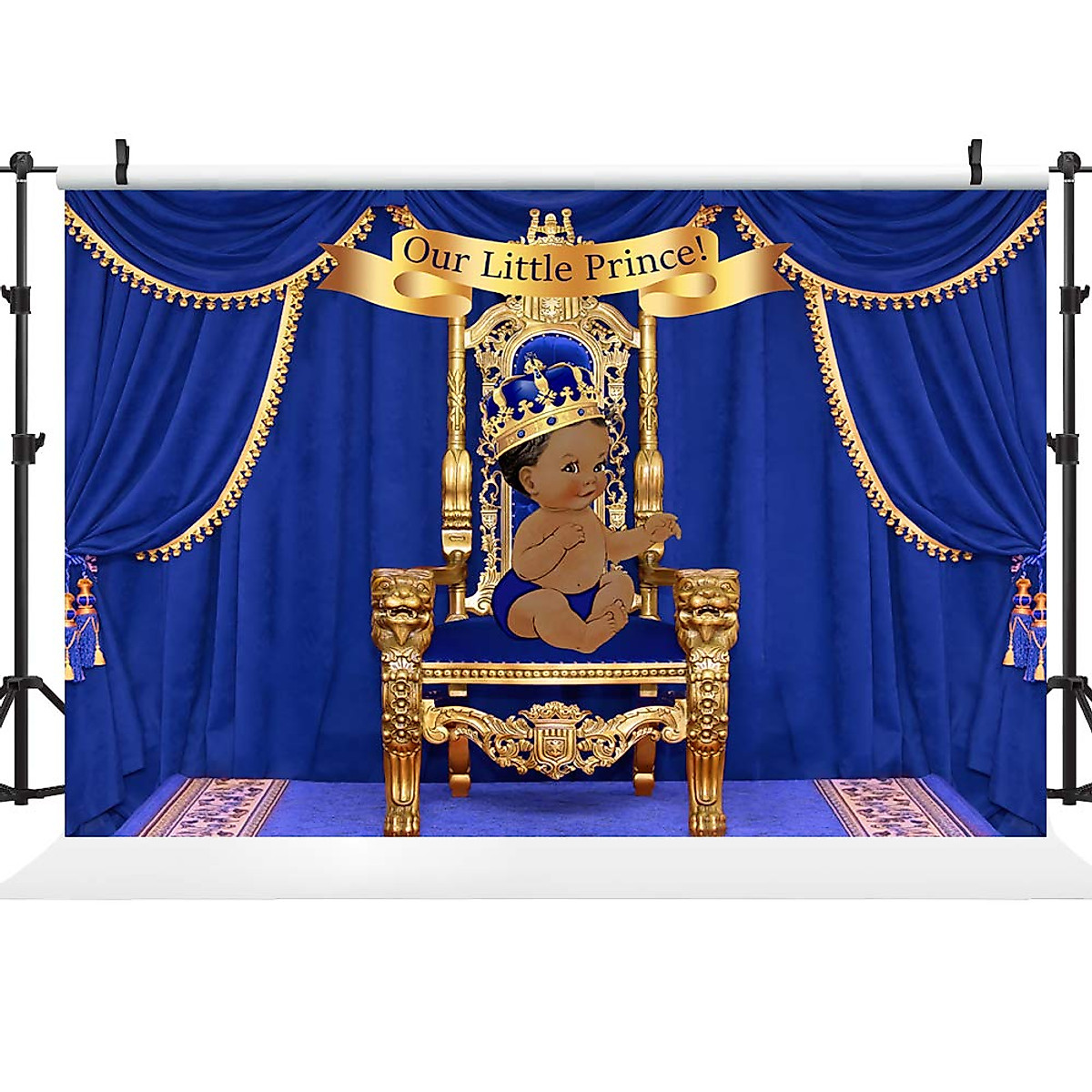 5×3ft Royal Little Prince Boy King Baby Shower Backdrop Blue Curtain Gold Crown Theme Party Banner Decorations Ethnic Black Boys Newborn 1st Birthday Cake Table Supplies Portrait Shooting Photo Props