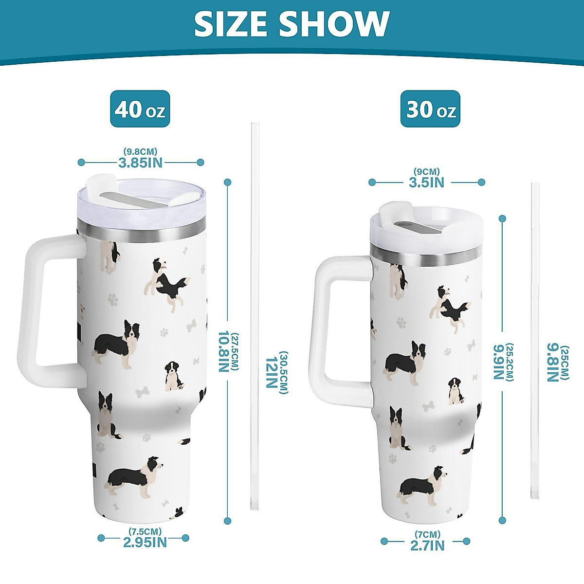 MCHIVER Border Collie 40 oz Tumbler with Handle and Straw Stainless Steel Vacuum Water Bottle Leak-proof Travel Coffee Mug Insulated Water Bottle for Home Car Office