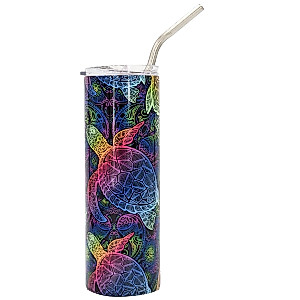 Siesta Drinkware - Personalized 20oz Mermaid and Sea Skinny Tumbler - Silicone Nonslip bottom and Double wall Vacuum Insulated - Stainless Steel (Rainbow Turtles)