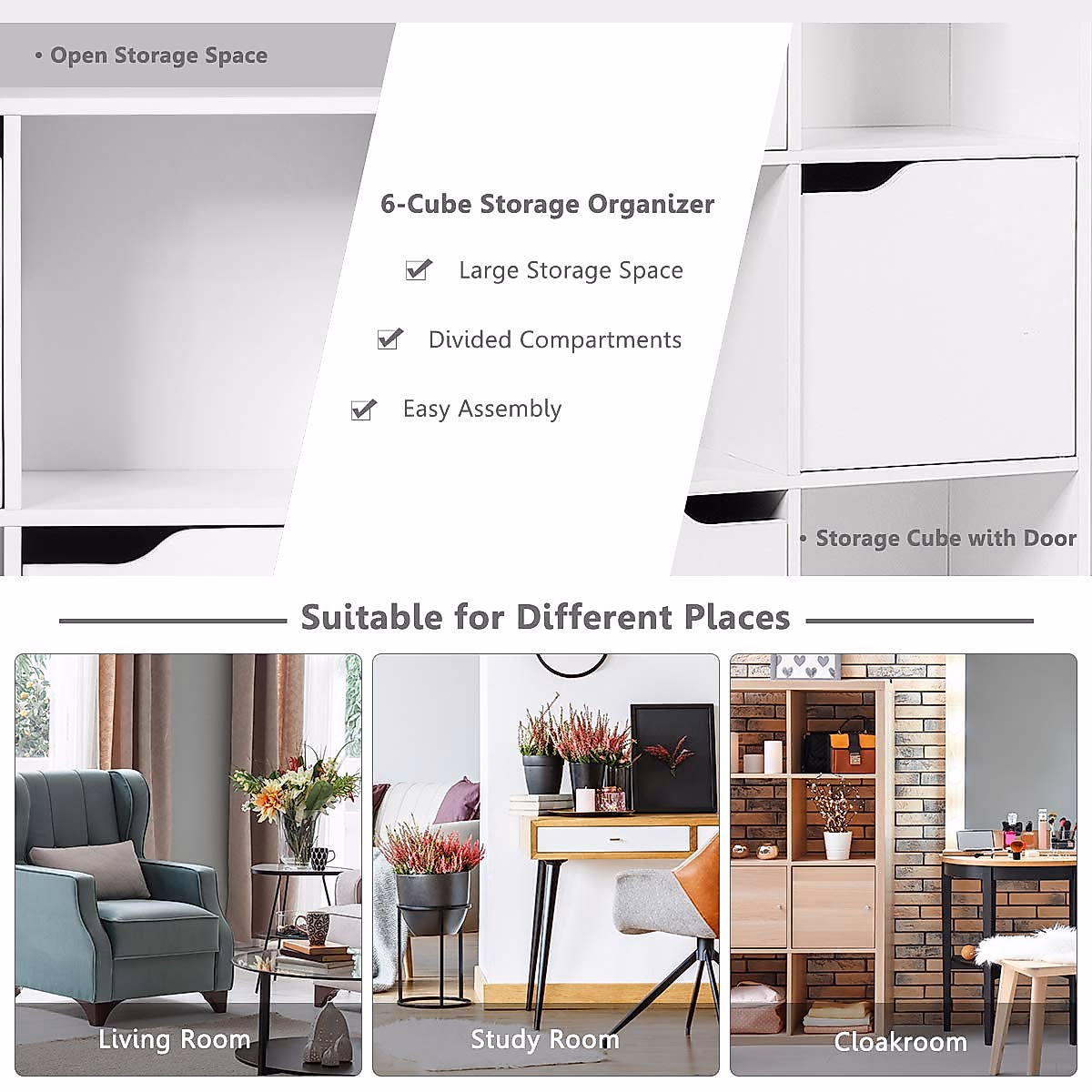 Giantex 6-Cube Storage Organizer, Storage Cabinet with 3 Open Cubes and 3 Cabinets, Free Standing Wooden Cubby Bookcase, Compartment Units for Home Office, 3-Tier Bookshelf for Books, Toys (White)