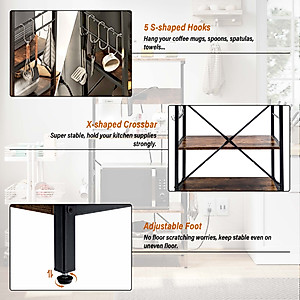 TC-HOMENY Bakers Rack with Power Outlet, 3 Tiers Kitchen Storage Shelf with 5 S-Shaped Hooks, Kitchen Microwave Stand, Coffee Station Utility Storage Shelf for Kitchen