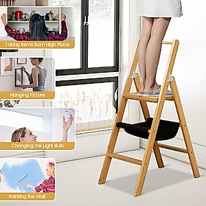 COSTWAY 3 Step Bamboo Ladder, Folding Step Stool with Storage Bag, High Handrail and Wide Pedal, Multi-Use & Space-Saving Lightweight Portable Stepping Stool for Home, Kitchen and Office